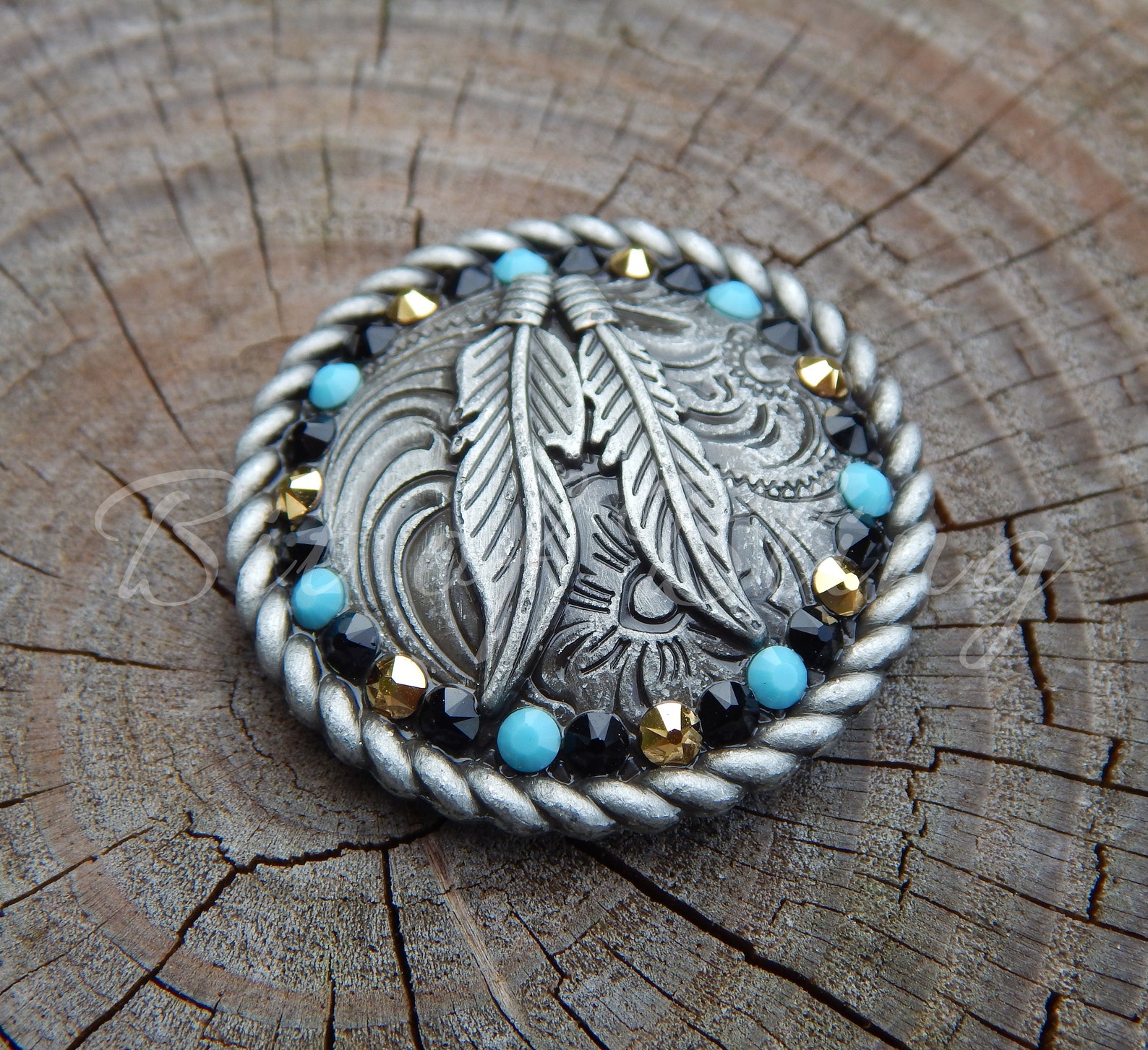 Silver Feathers Round Rope Edge Concho Turquoise Black Gold - Etsy
