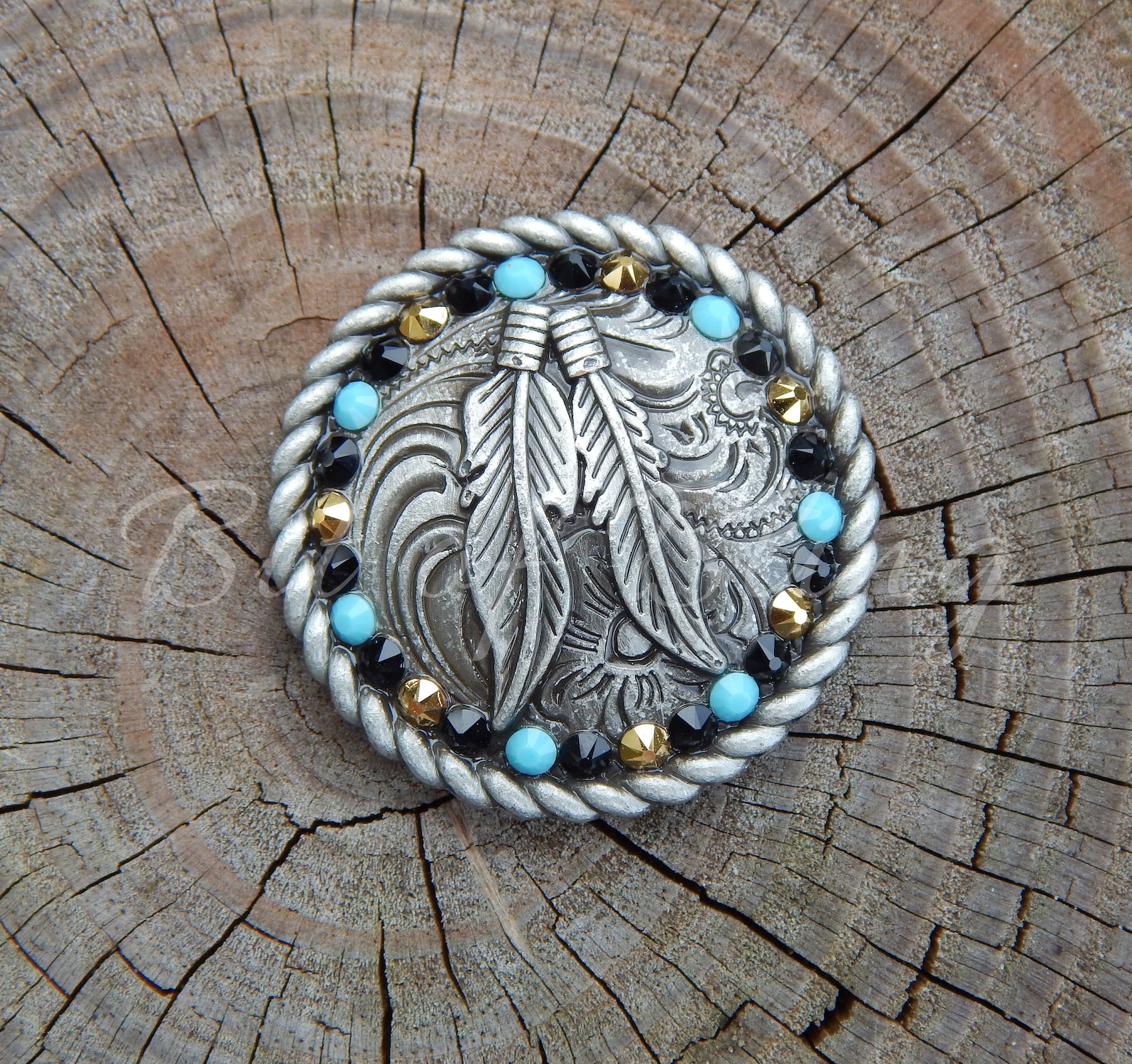 Silver Feathers Round Rope Edge Concho Turquoise Black Gold - Etsy