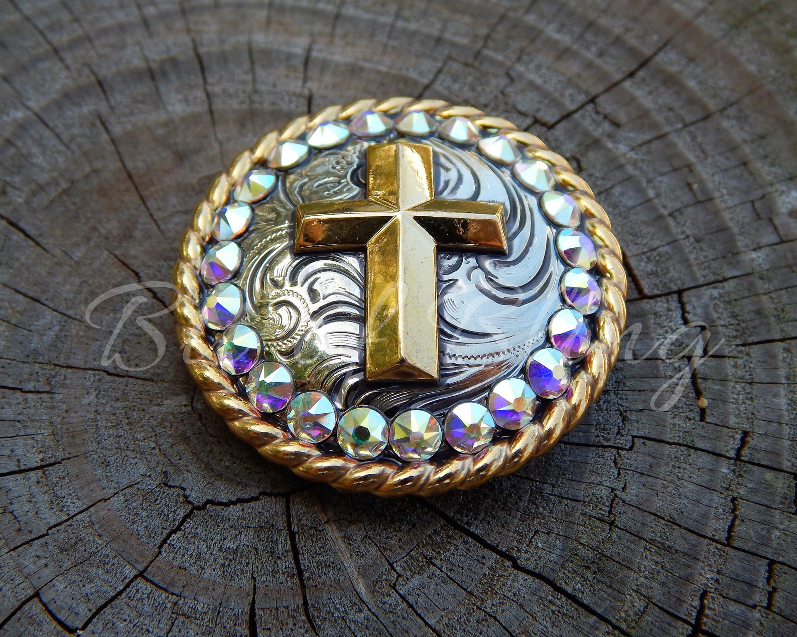 Bright Silver and Gold Round Rope Edge Cross Bling Concho | Etsy