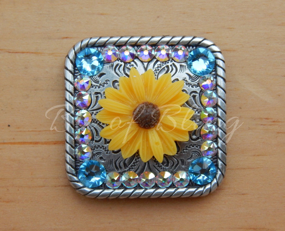 Yellow Daisy Concho Aquamarine and Crystal AB Horse Tack Rodeo Reining ...