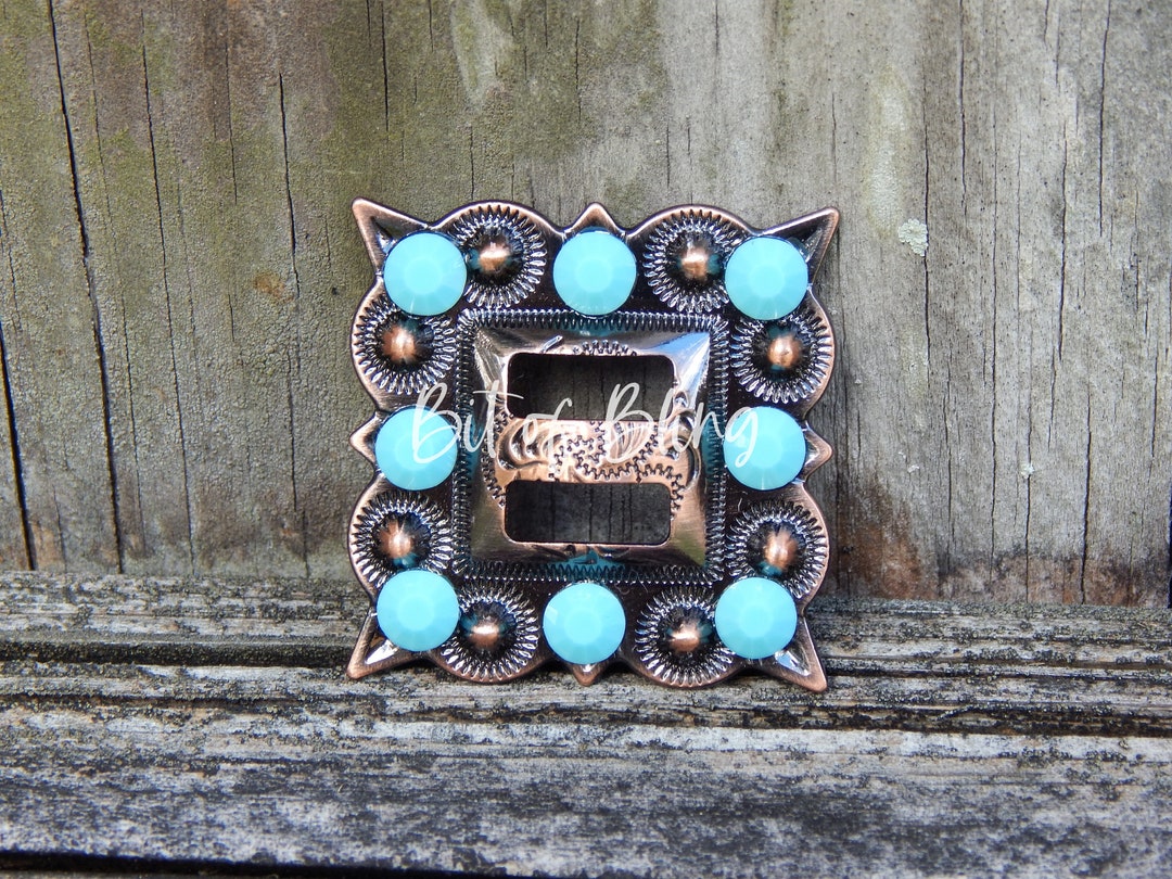 Copper Square Berry Slotted Concho With Turquoise Rhinestones - Western ...