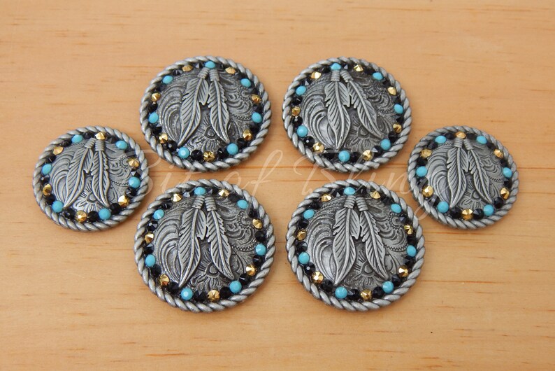 Silver Feathers Round Rope Edge Saddle Concho Set Turquoise - Etsy