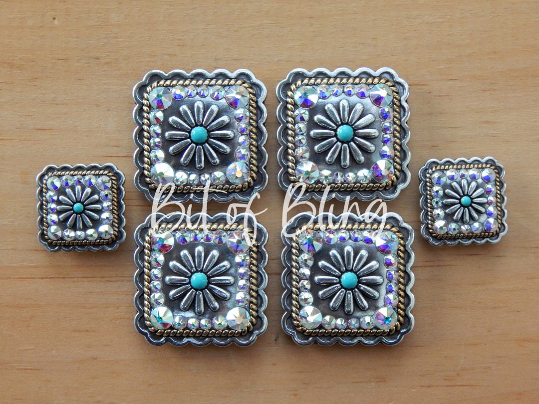 Antique Silver & Gold Turquoise Square Scalloped Saddle Concho Set ...