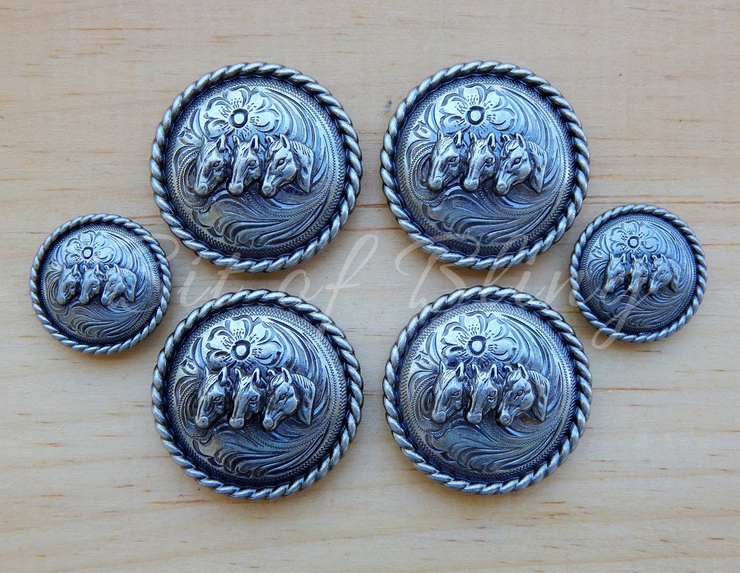 Antique Silver 3 Horse Heads Saddle Concho Set Horse Tack Rodeo Trail ...