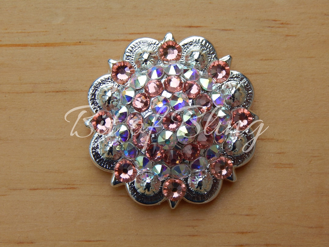 Rose Peach & Crystal AB Shiny Silver Round Berry Concho Horse Tack ...