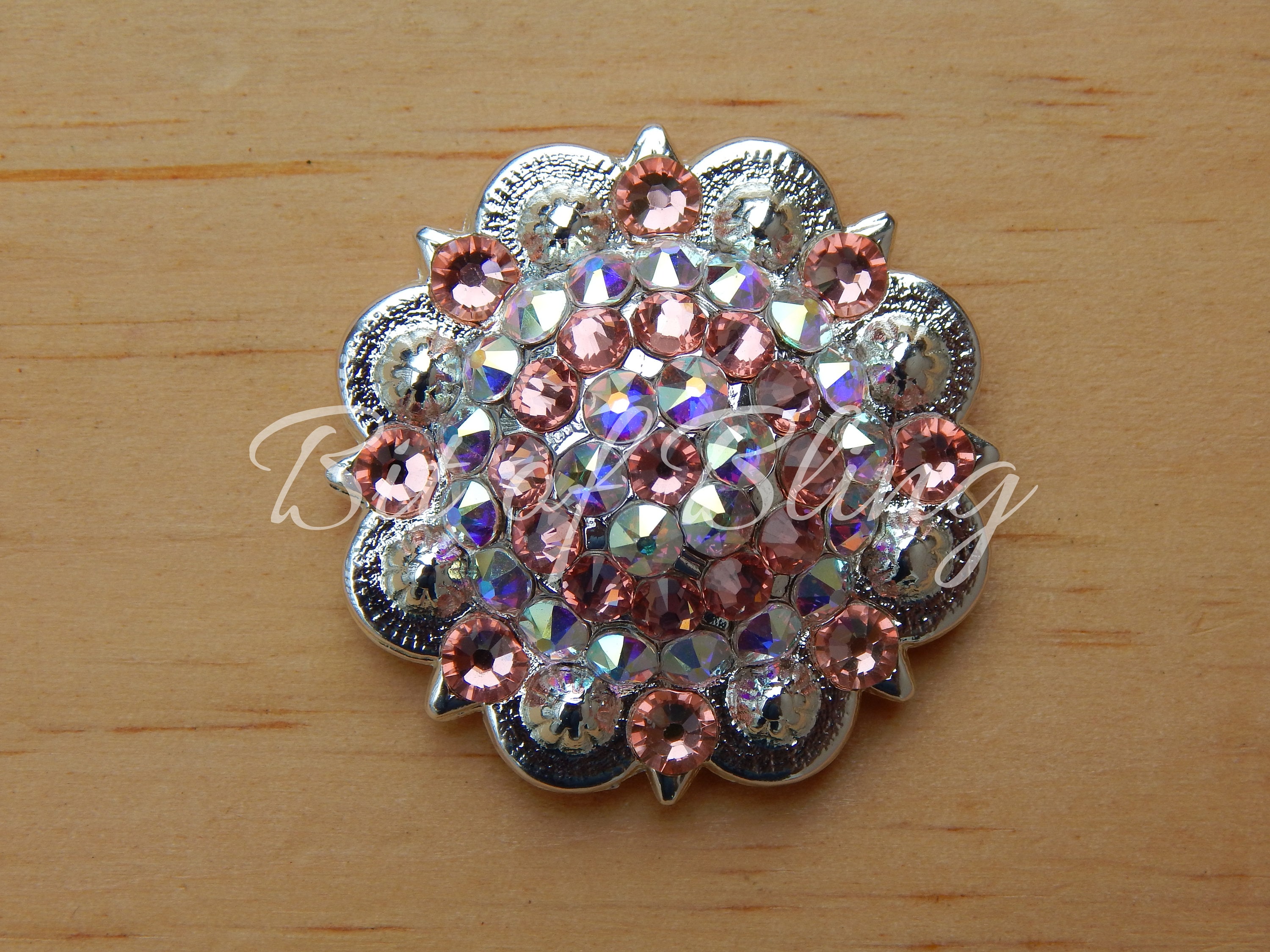 Rose Peach & Crystal AB Shiny Silver Round Berry Concho Horse Tack ...