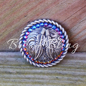 Antique Silver Round Rope Edge Feathers Concho - Blue Volcano - Western ...