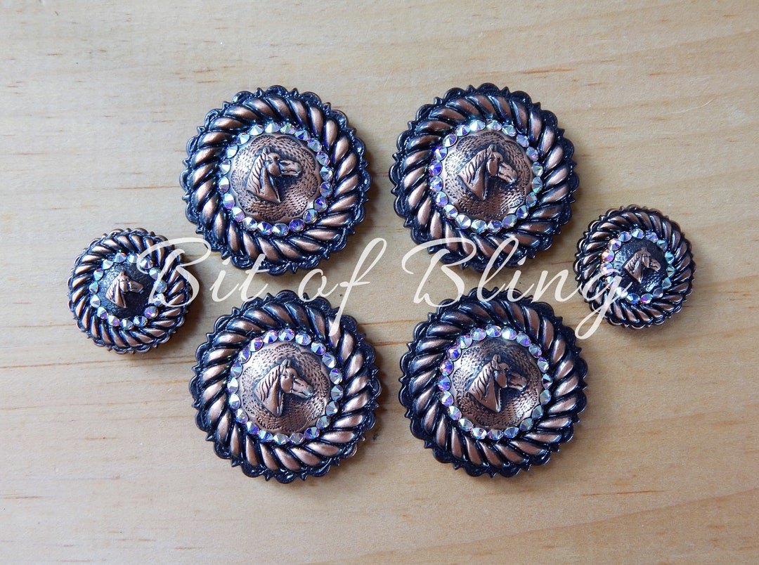 Copper Round Rope Edge Horse Head Saddle Concho Set Crystal AB - Etsy