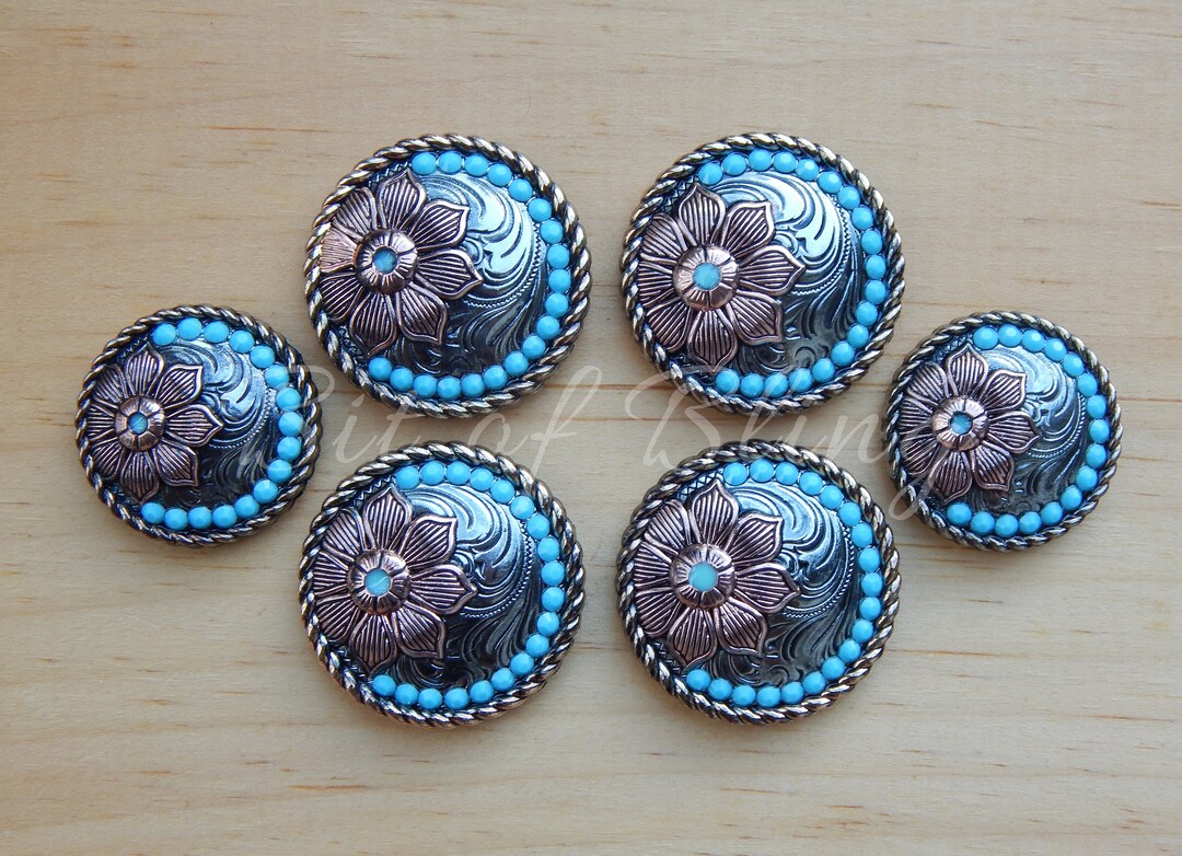 Floral Round Rope Edge Turquoise Saddle Concho Set Horse Tack Rodeo ...