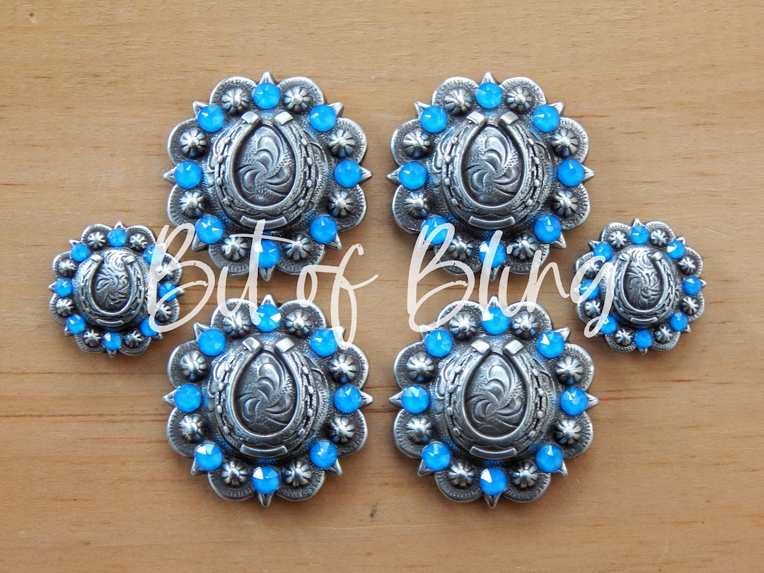 Antique Silver Horseshoe Berry Saddle Concho Set - Electric Blue ...