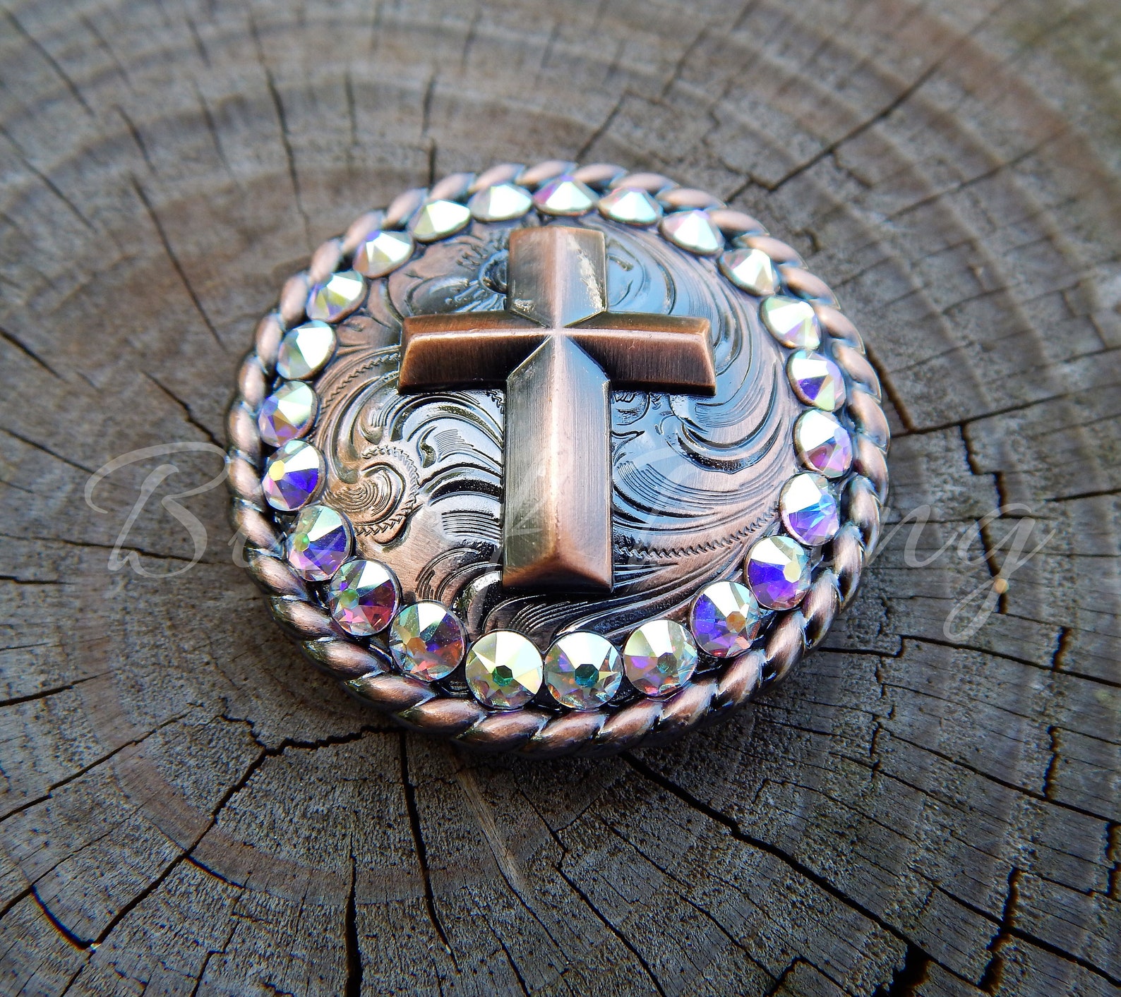 Antique Copper Round Rope Edge Cross Bling Concho Horse Tack - Etsy