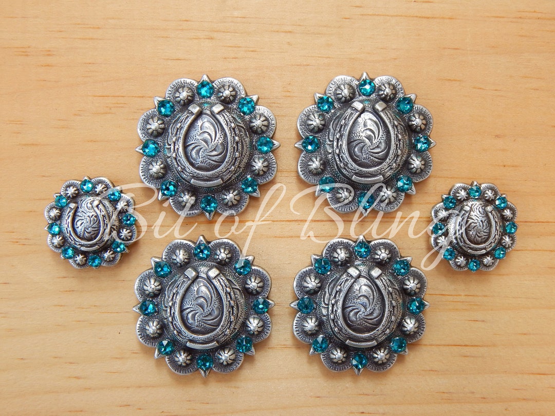 Horseshoe Saddle Concho Set With Rhinestones Blue Zircon Teal Horse ...