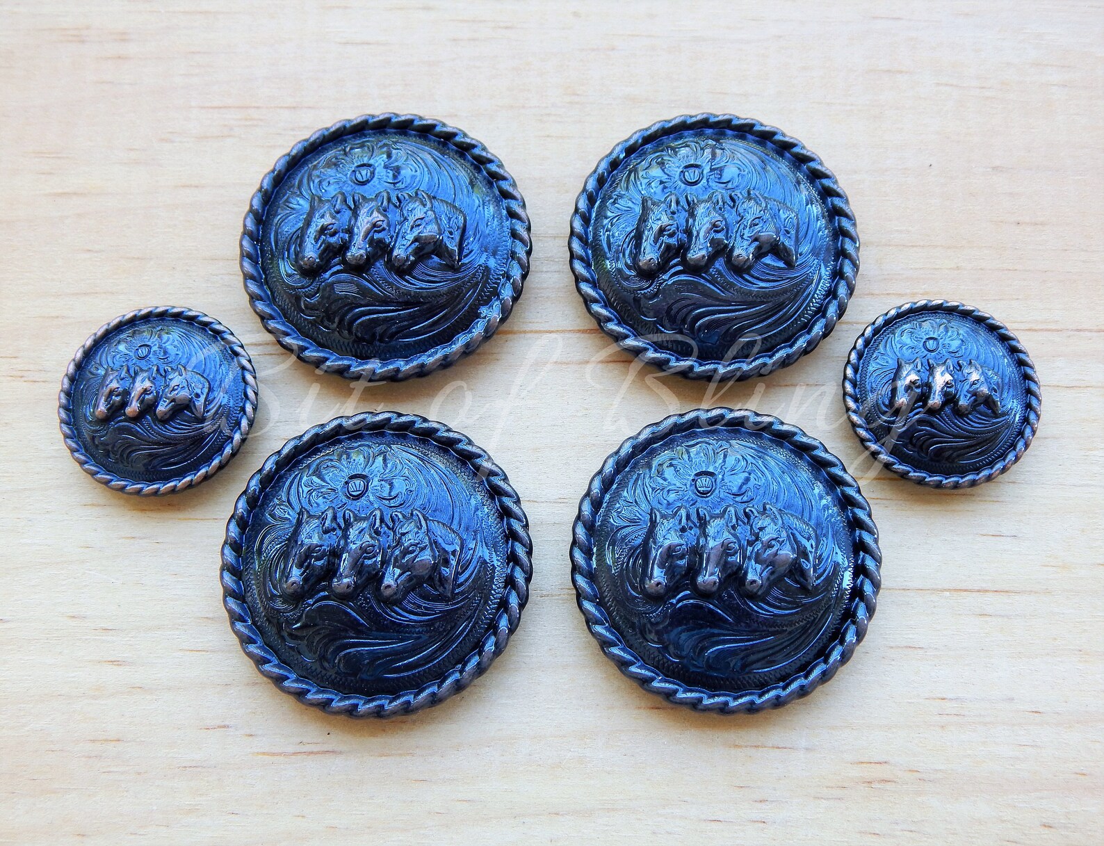 Antique Copper and Bronze 3 Horse Heads Saddle Concho Set Horse Tack ...