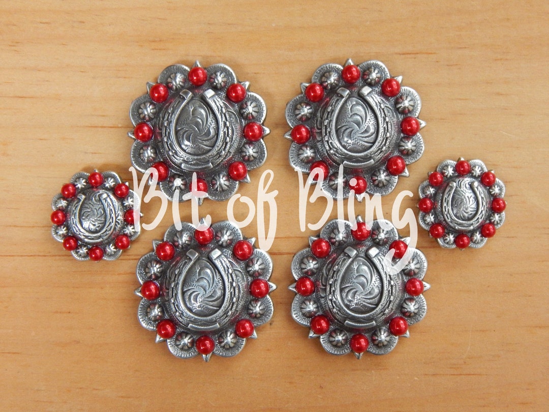 Antique Silver Round Horseshoe Berry Saddle Concho Set With Red ...