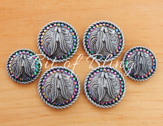 Antique Silver Round Rope Edge Feathers Saddle Concho Set | Etsy