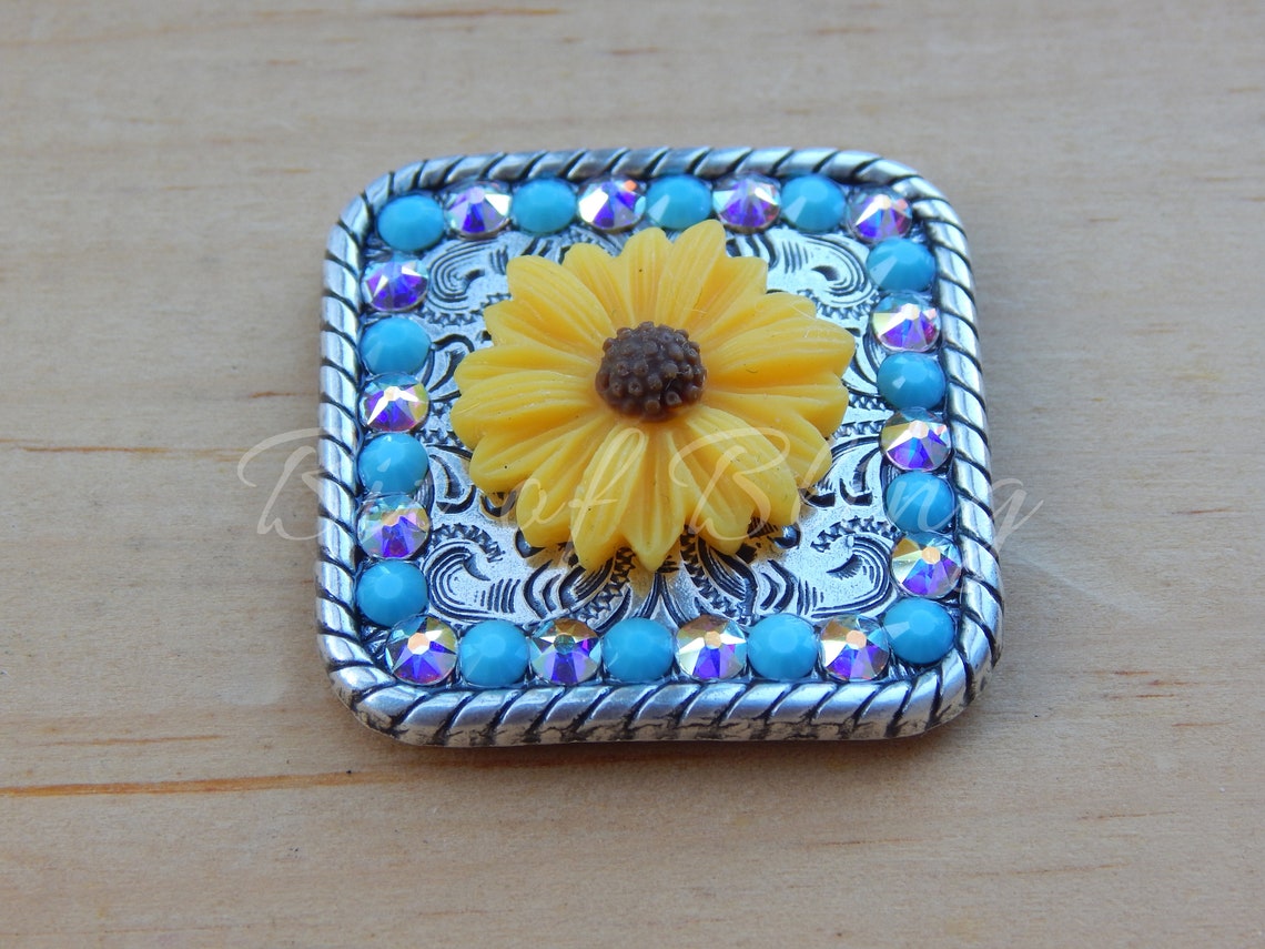 Yellow Daisy Saddle Concho Set W/ Turquoise & Crystal AB Horse Tack ...