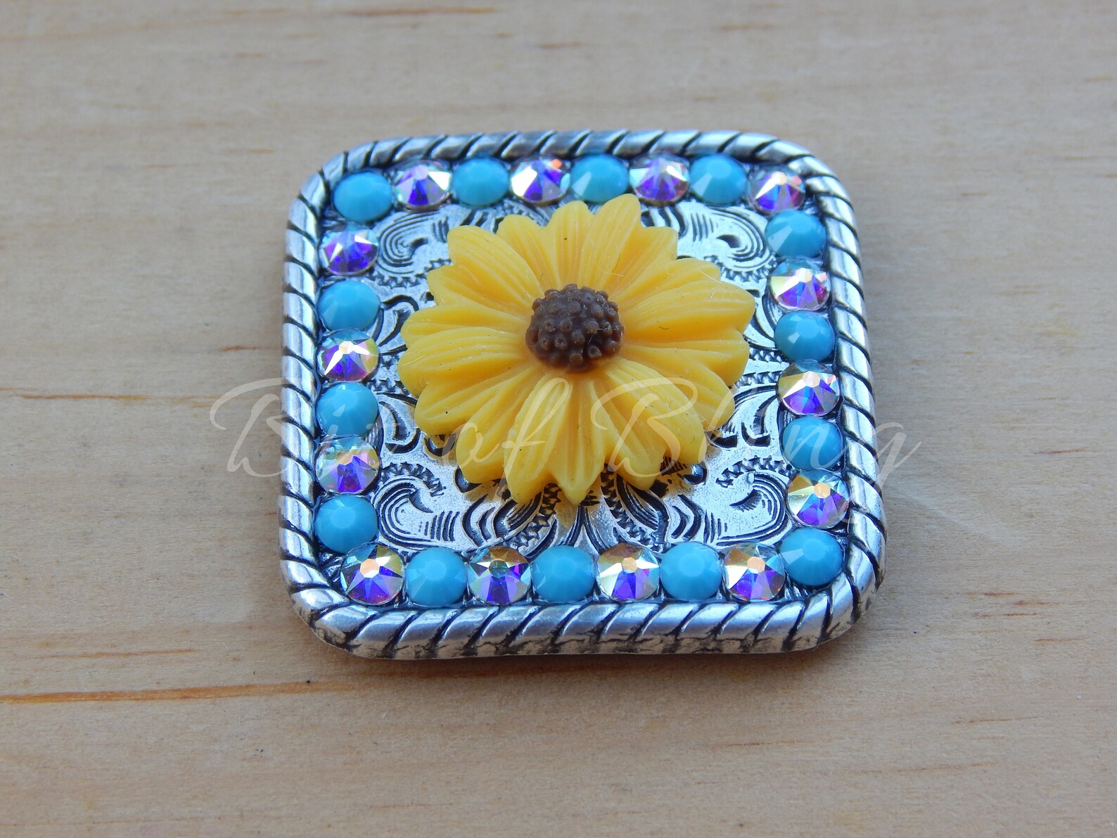 Yellow Daisy Saddle Concho Set W/ Turquoise & Crystal AB Horse Tack ...