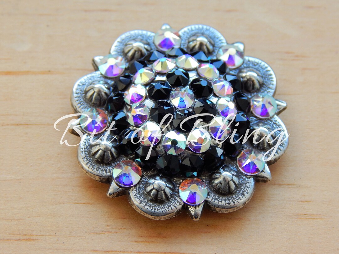 Crystal AB & Jet Antique Silver Round Berry Concho Western Horse Tack ...