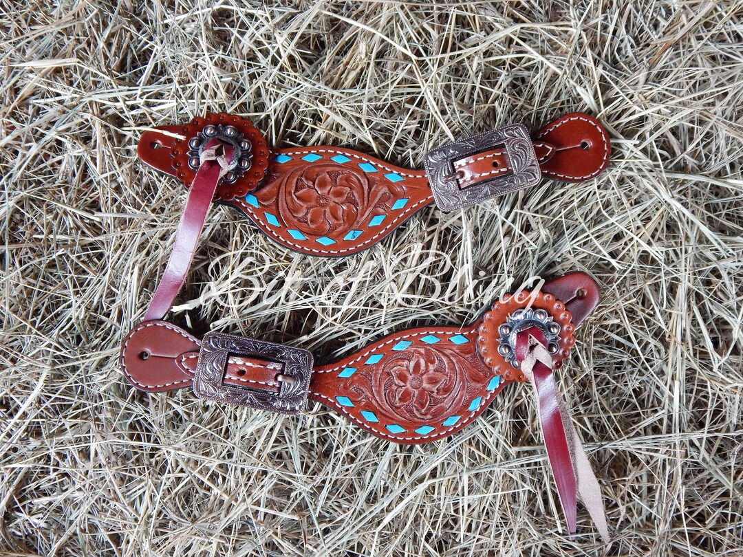 Teal Buckstitch Tooled Leather Ladies Spur Straps Western Horse Tack - Etsy