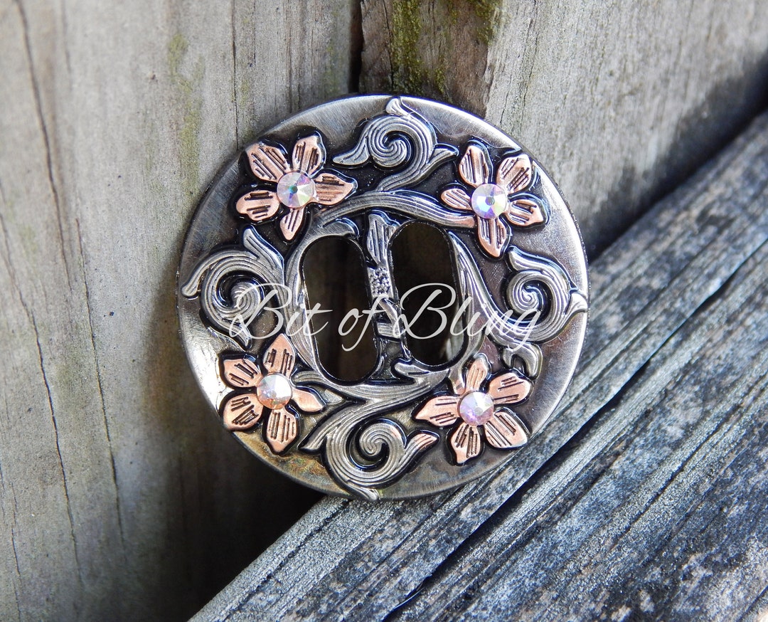 1.5" Antique Nickel and Copper Slotted Flower Concho With Crystal AB ...