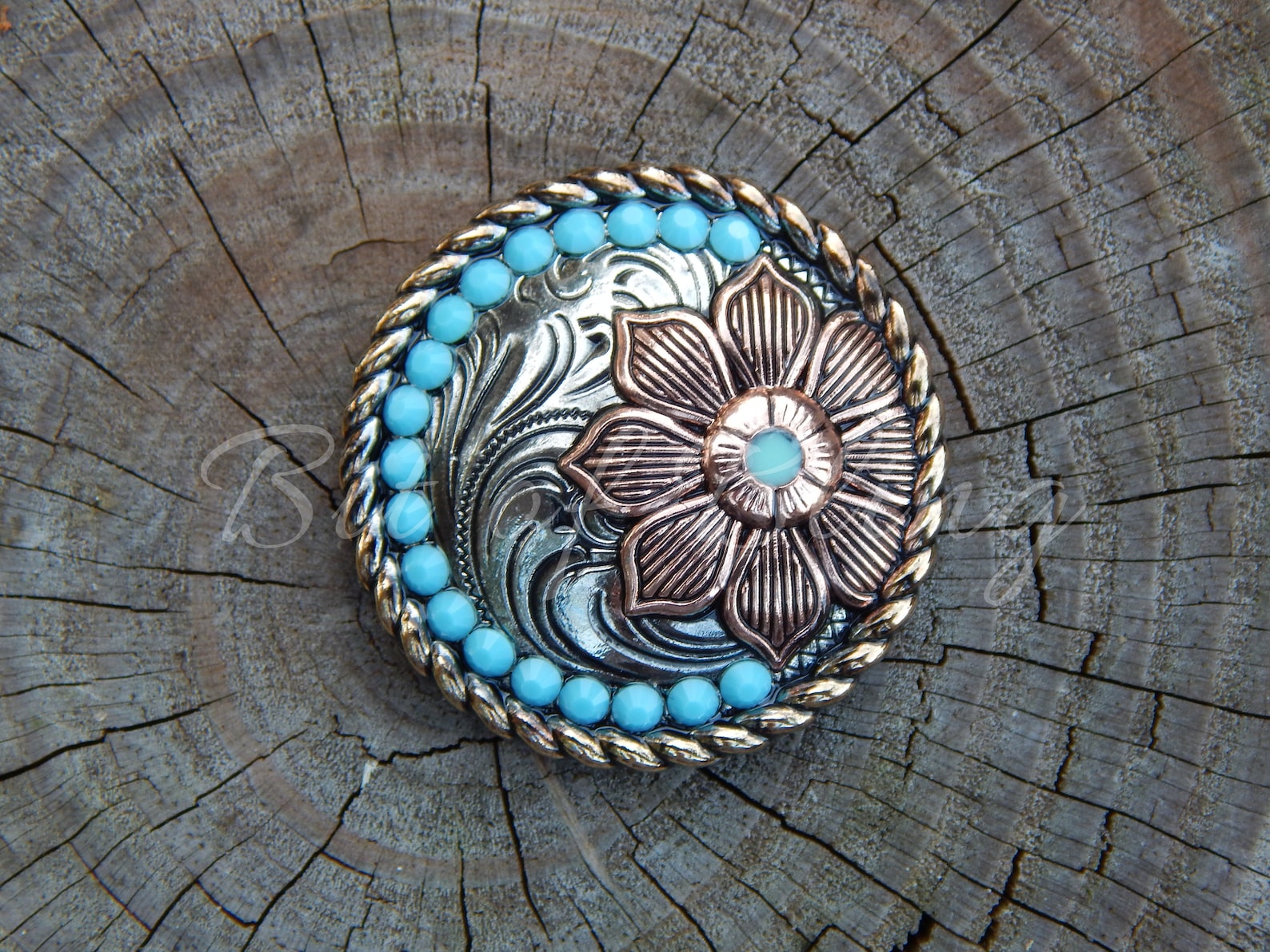 Floral Round Rope Edge Turquoise Concho Horse Tack Bling Concho Crystal ...