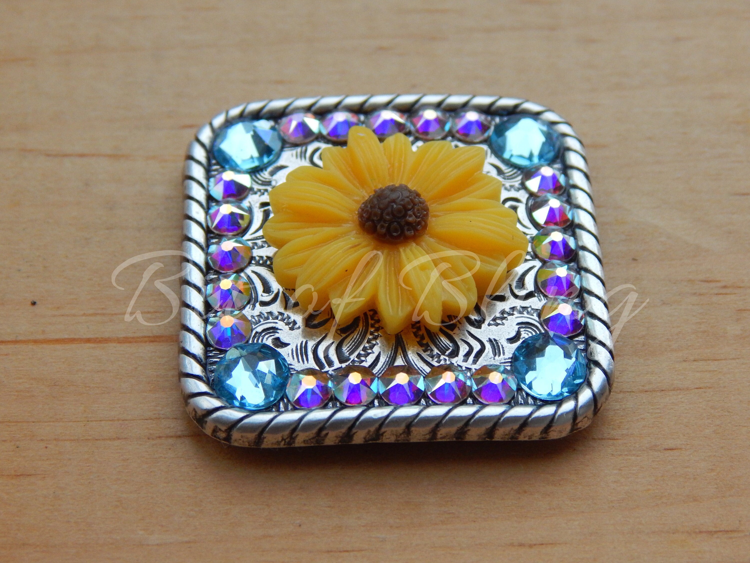 Yellow Daisy Concho Aquamarine and Crystal AB Horse Tack Rodeo Reining ...