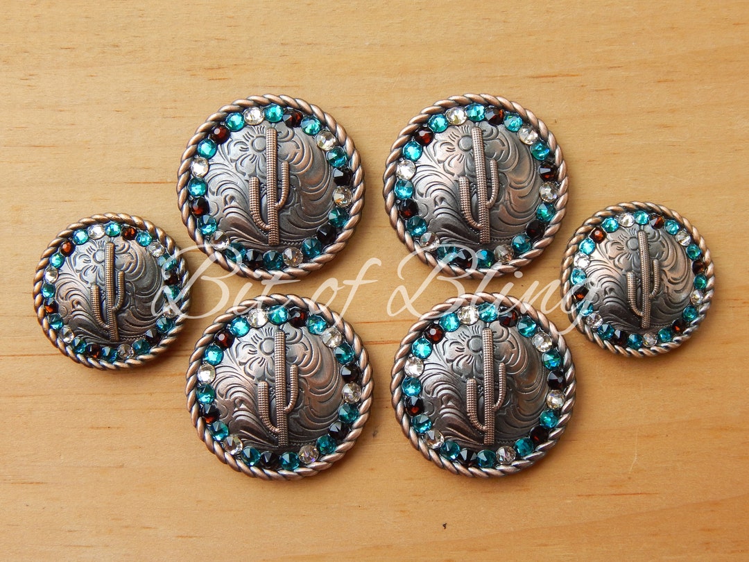 Copper Round Rope Edge Cactus Saddle Concho Set With Blue Zircon, Mocca ...