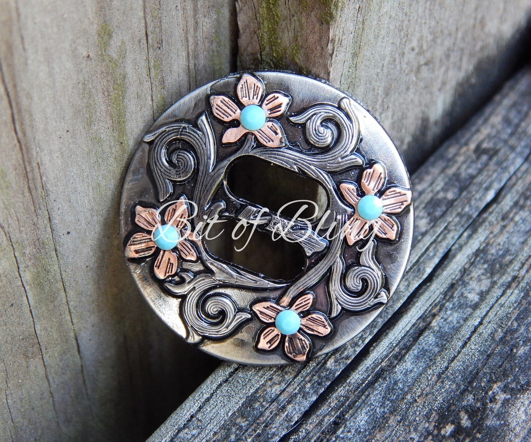 1.5" Antique Nickel and Copper Slotted Flower Concho With Turquoise ...