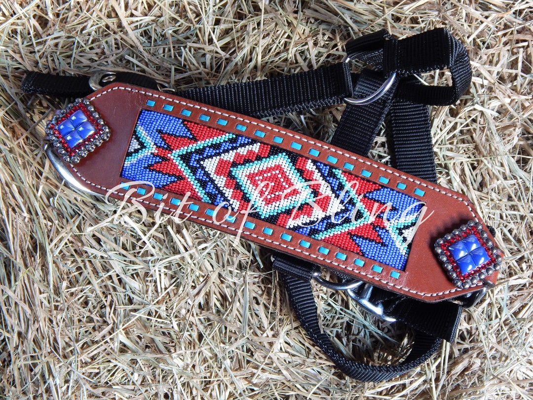 Red Black Blue Beaded Leather Bronc Halter Horse Tack Rodeo Gymkhana ...