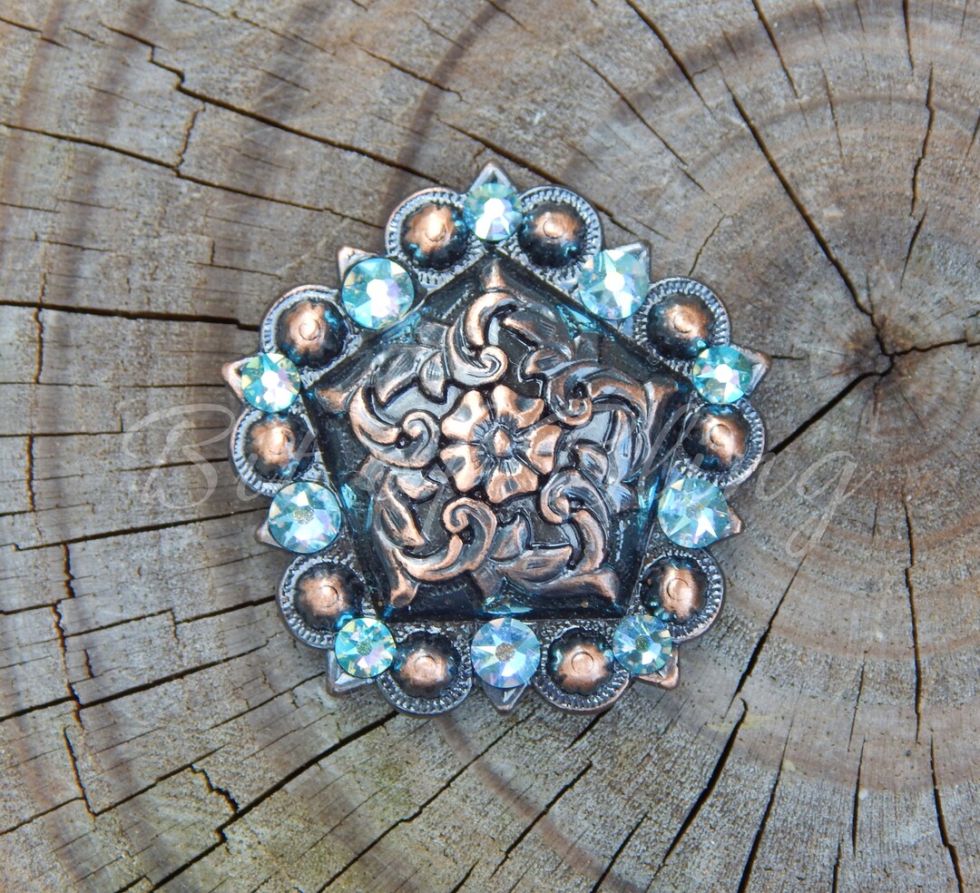 Copper Floral Pentagon Berry Concho With Aquamarine AB Horse Tack Bling ...