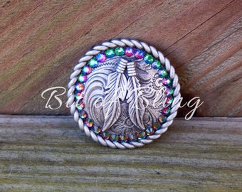 Antique Silver Round Rope Edge Feathers Concho Blue Volcano | Etsy