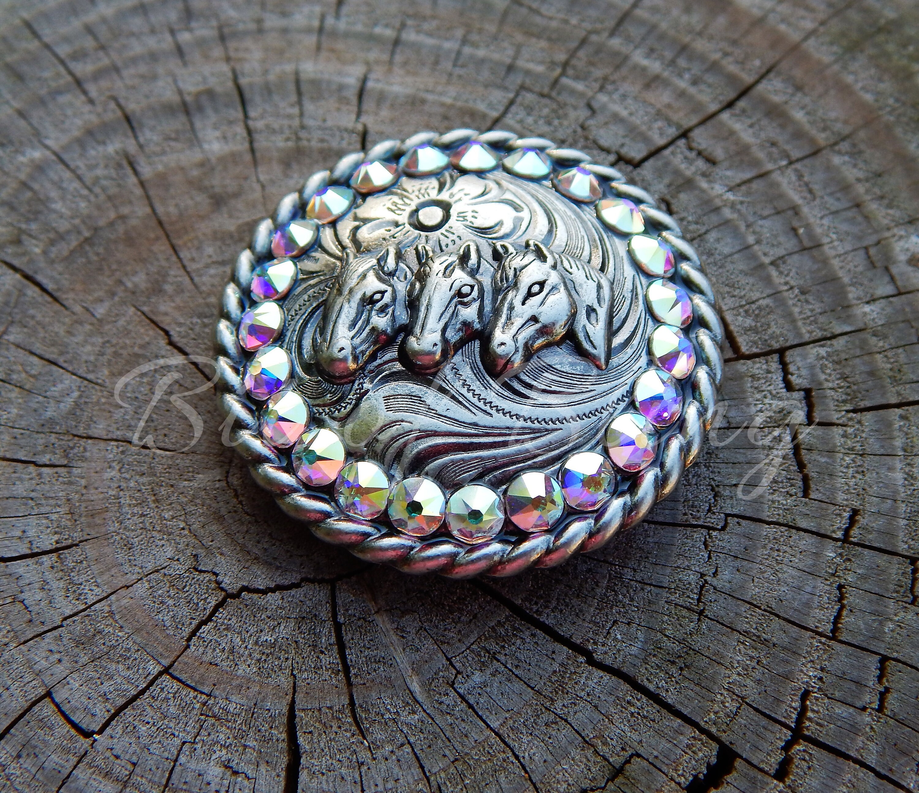 Antique Silver 3 Horse Heads Bling Concho Horse Tack Rodeo Gymkhana ...