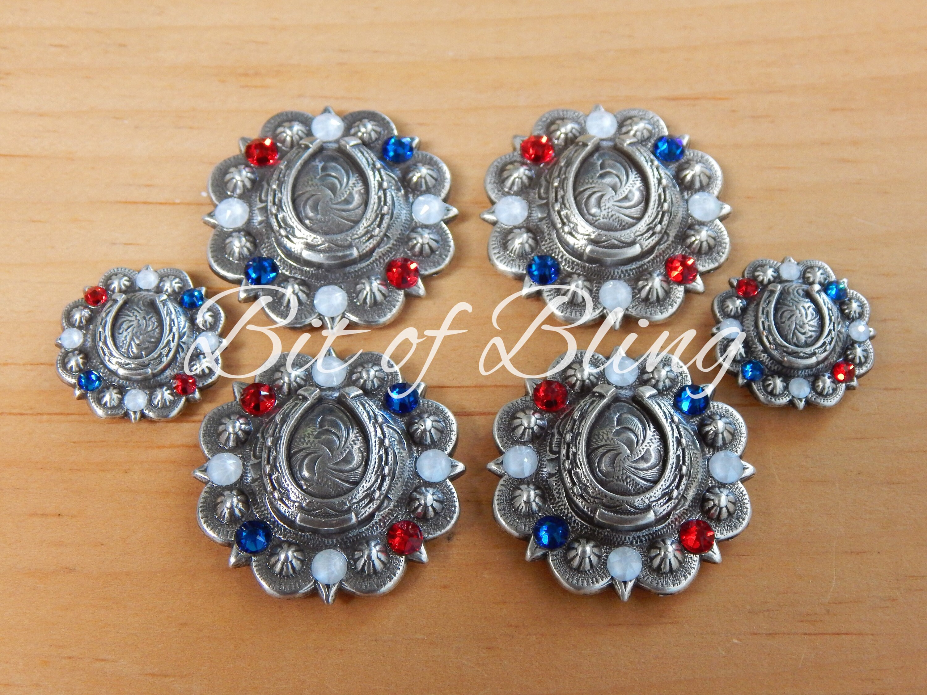 Patriotic Horseshoe Saddle Concho Set With Rhinestones in Light Siam ...