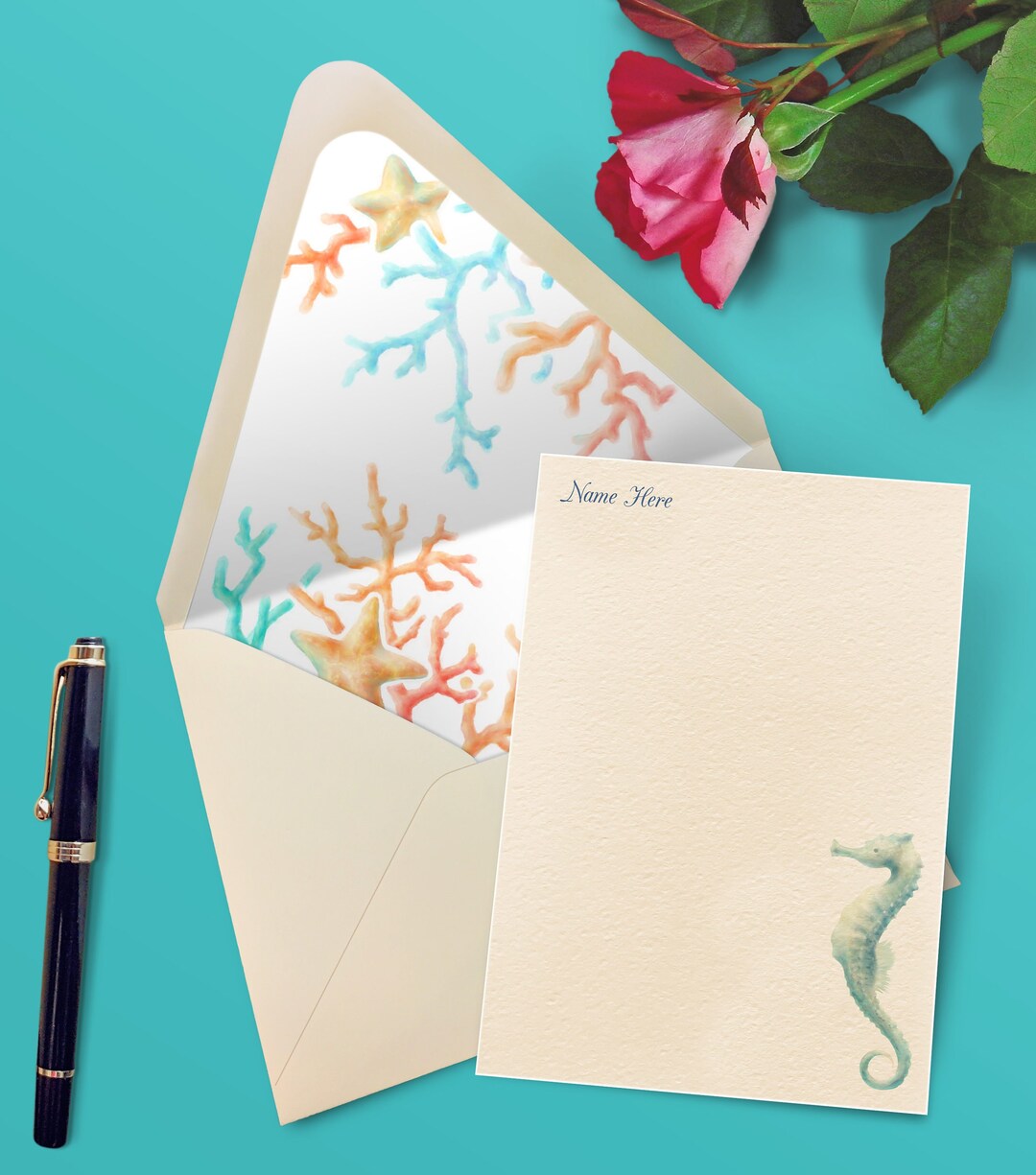 Seahorse Custom Nautical Stationery Set / Flat Note Card Sheets ...