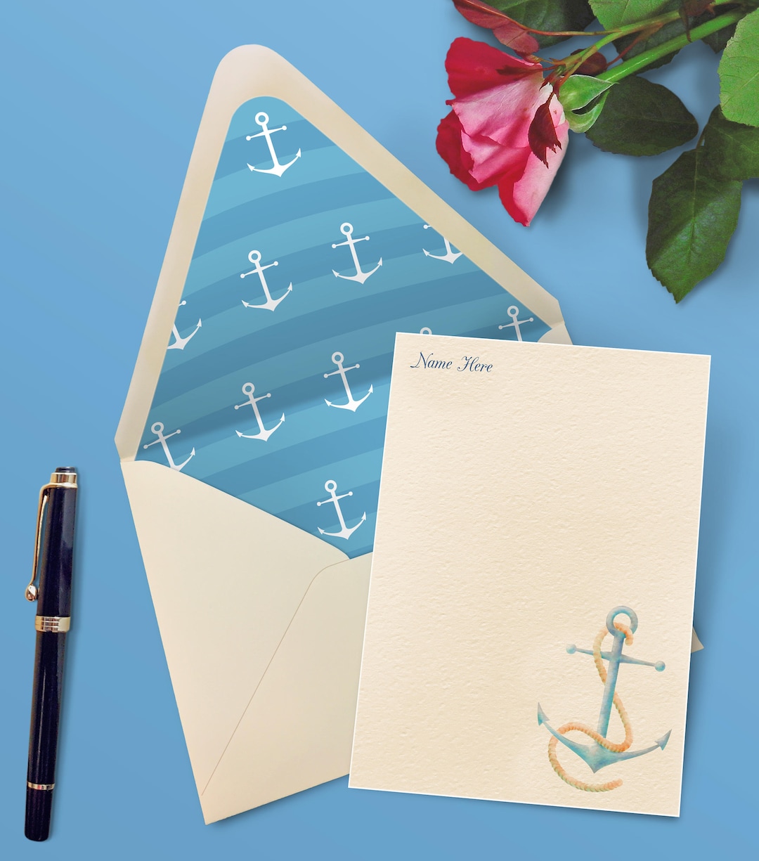 Anchor Nautical Stationery Set / Custom Note Cards / Illustrated Flat ...