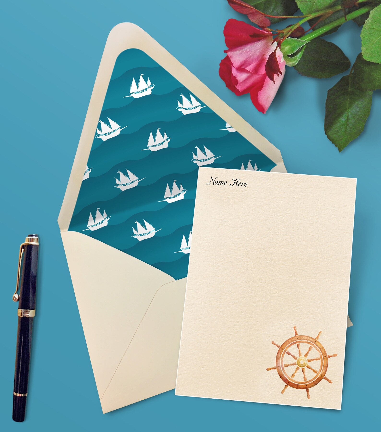 Nautical Ship Wheel Stationery Set / Sailing Boat Note Cards Flat ...