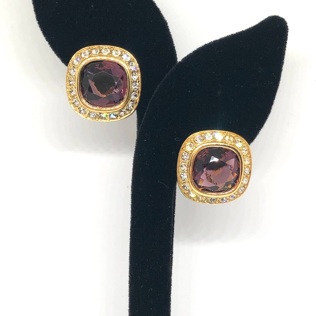 MONET Vintage Gold Tone Amethyst Purple and Clear Rhinestone Square ...