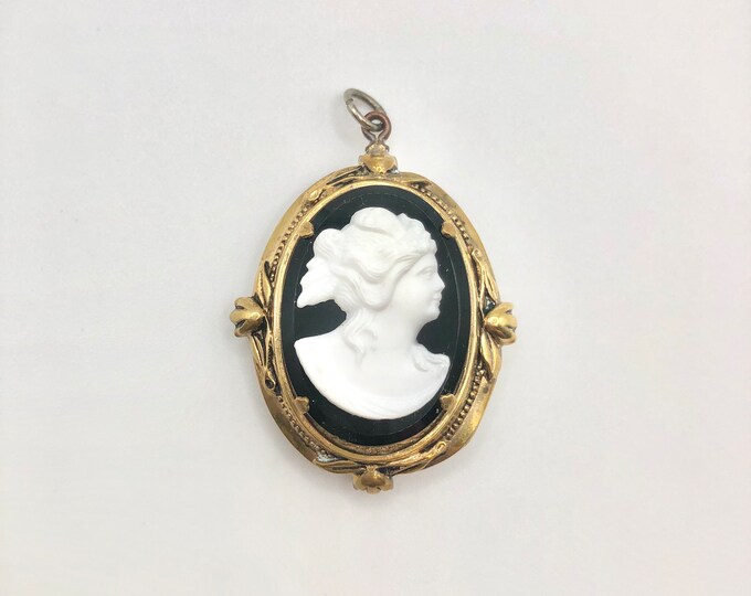 CORO Vintage Gold Tone Black and White Plastic Cameo Locket Pendant ...