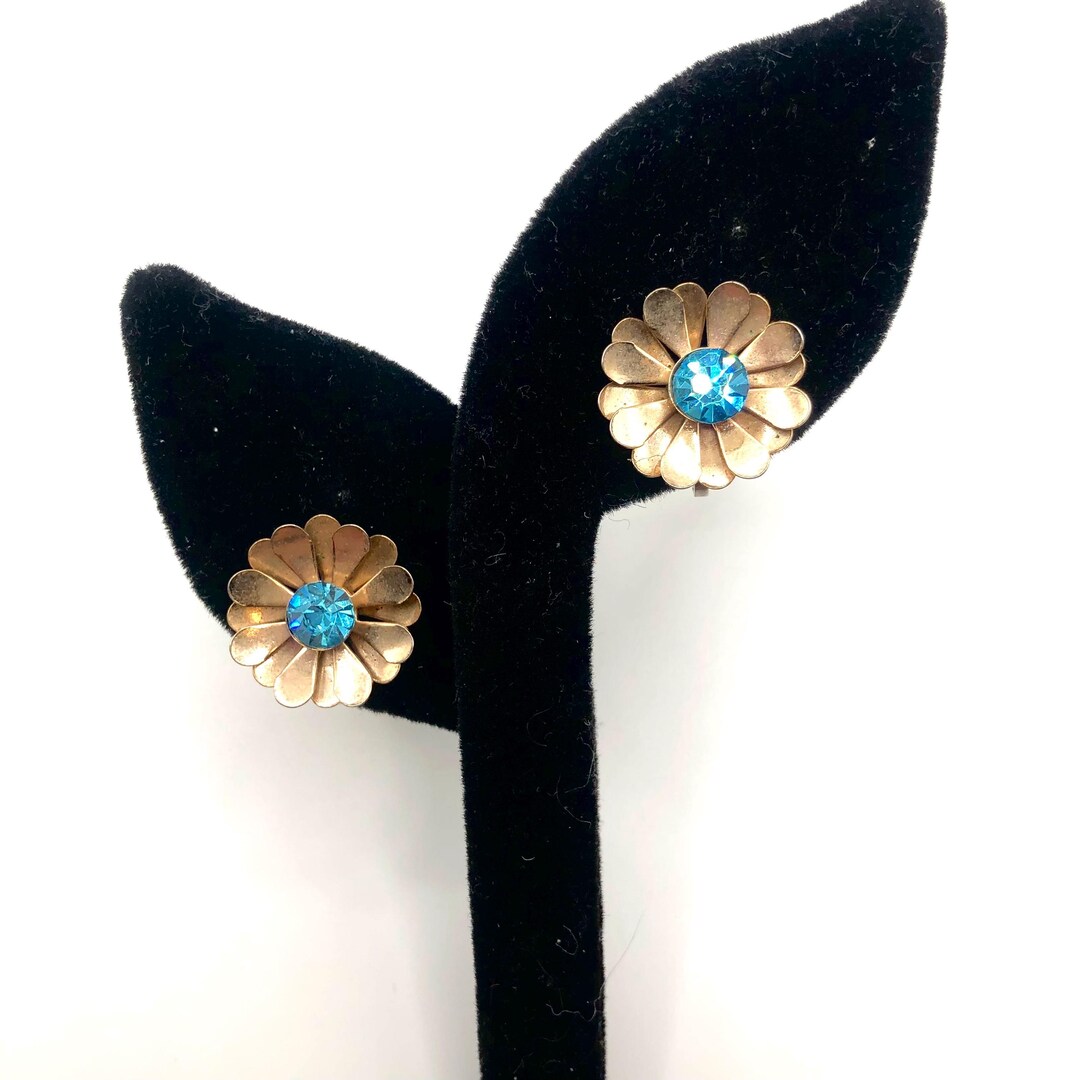 NEMO Vintage Gold Tone Daisy Aqua Turquoise Blue Rhinestone Screw on ...