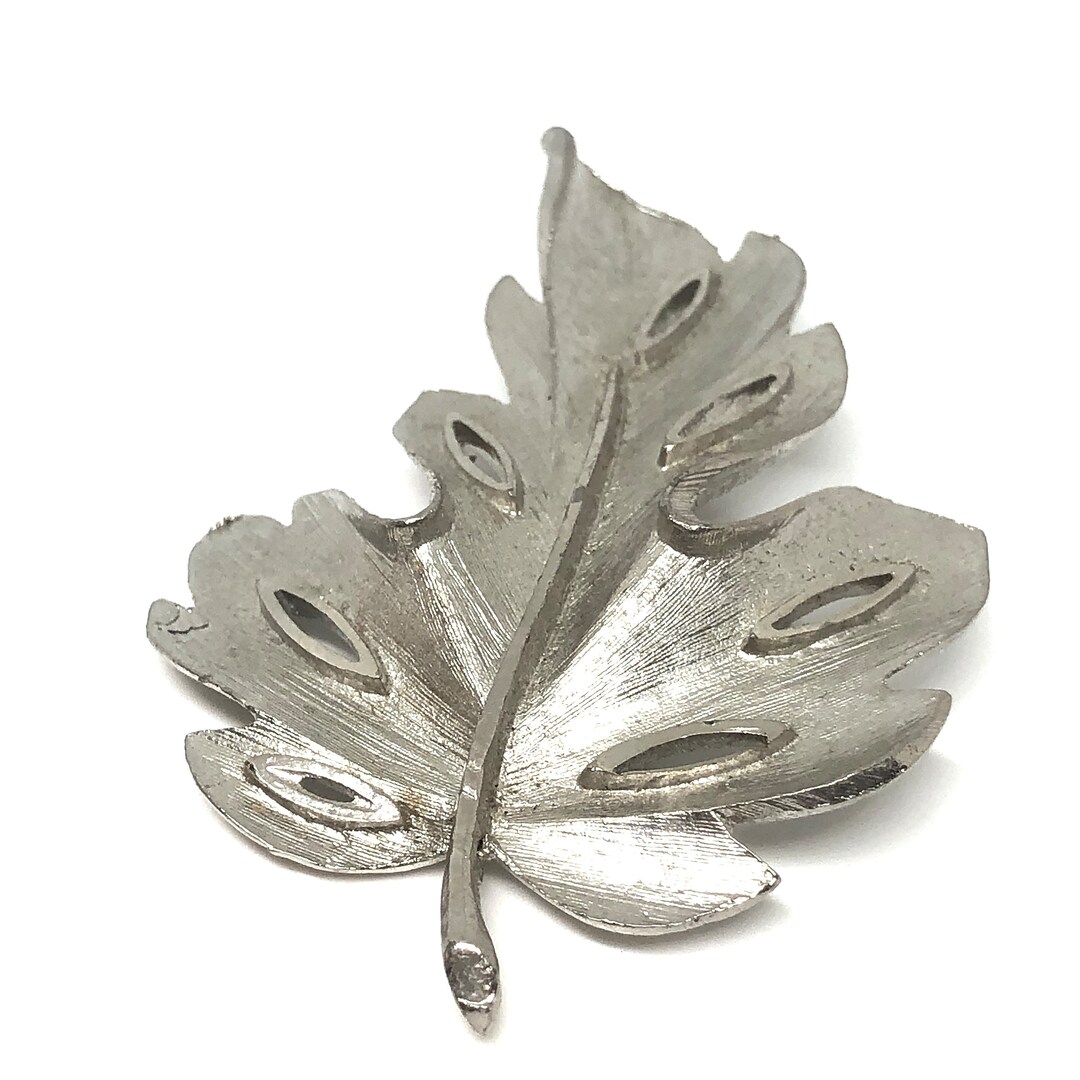 BSK Vintage Brushed Silver Tone Leaf Brooch Designer Signed Costume ...