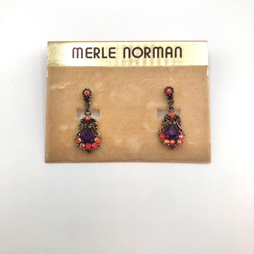 MERLE NORMAN Vintage New Old Stock Rhinestone Purple and Red AB Pierced ...