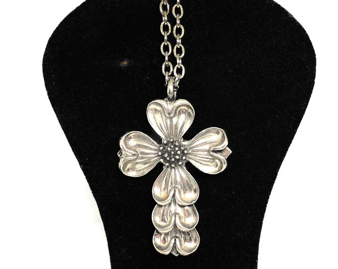 MARCIE USA Vintage Pewter Tone Dogwood Floral Flower Cross Pendant ...