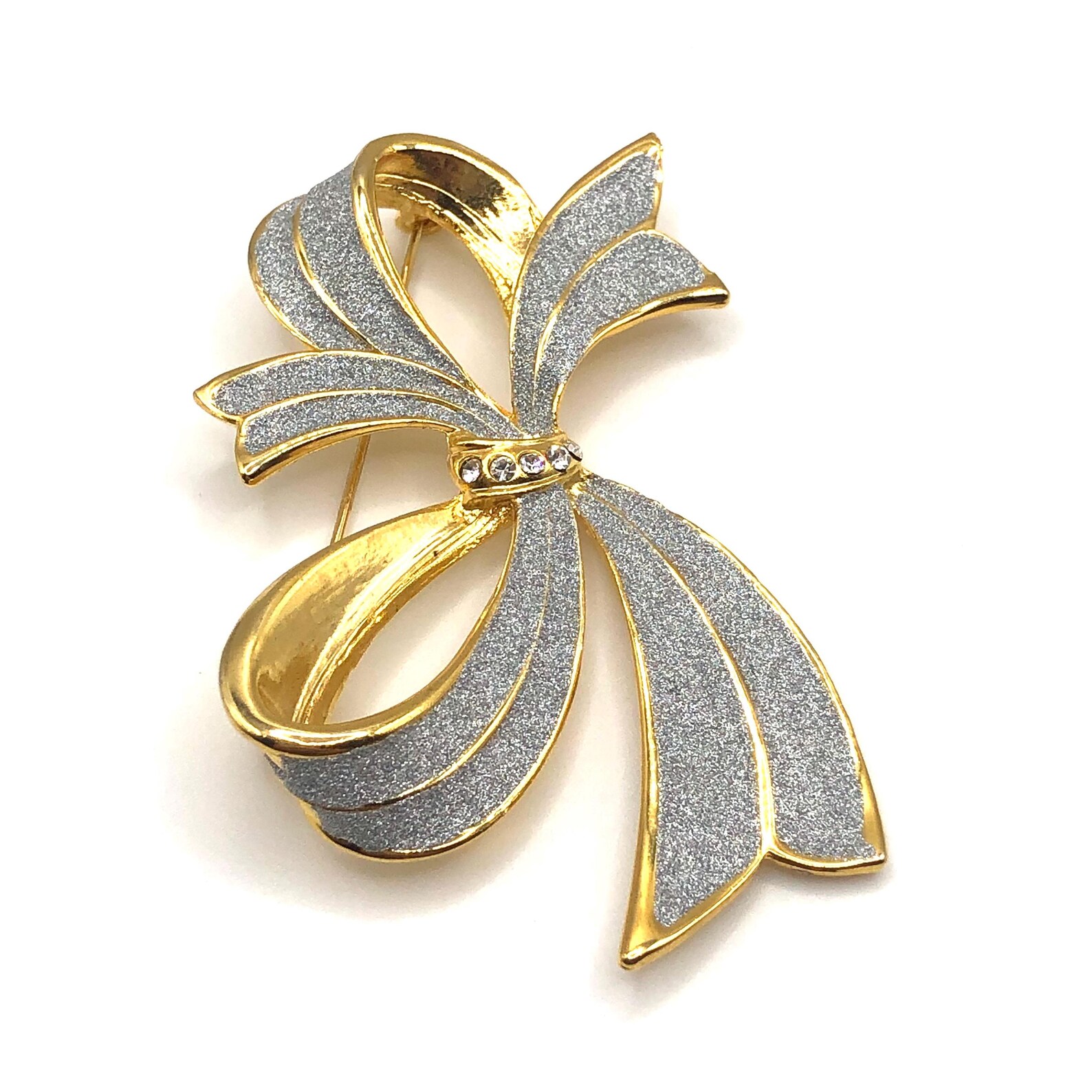 Vintage Unsigned 1980s Gold Tone Silver Glitter Clear Rhinestone Large ...