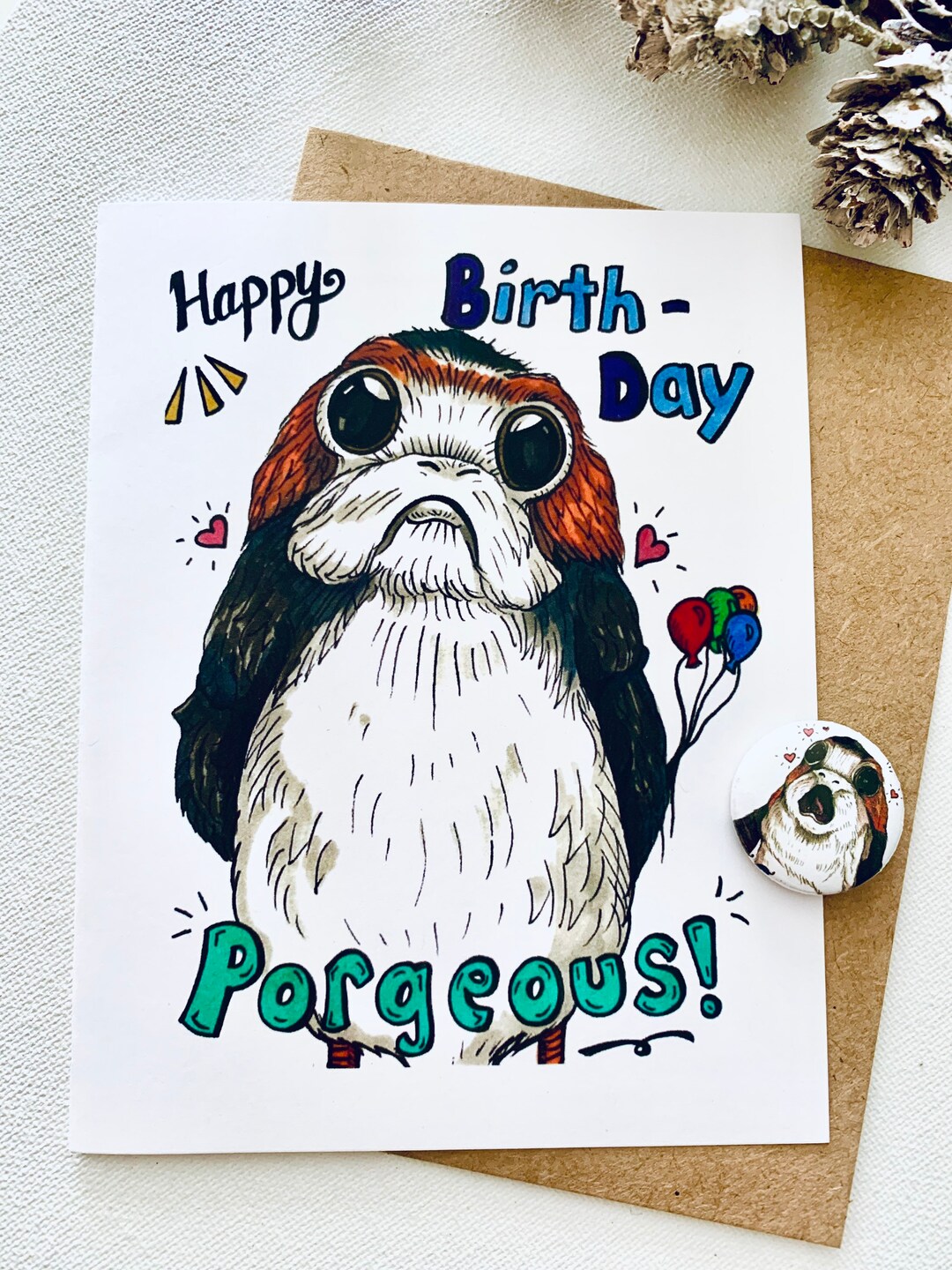 Uniquely Hand-drawn Porg Punny Star Wars Last Jedi Birthday Card Blank ...