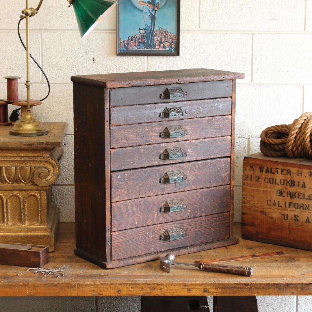 C1900s Antique Primitive 7-drawer Desktop Tool Cabinet W/ Cast Iron ...