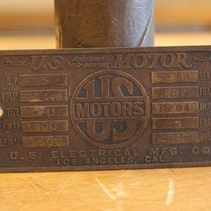 Vintage Industrial Brass U.S. Motors Machinery Tag Plaque Name Plate ...