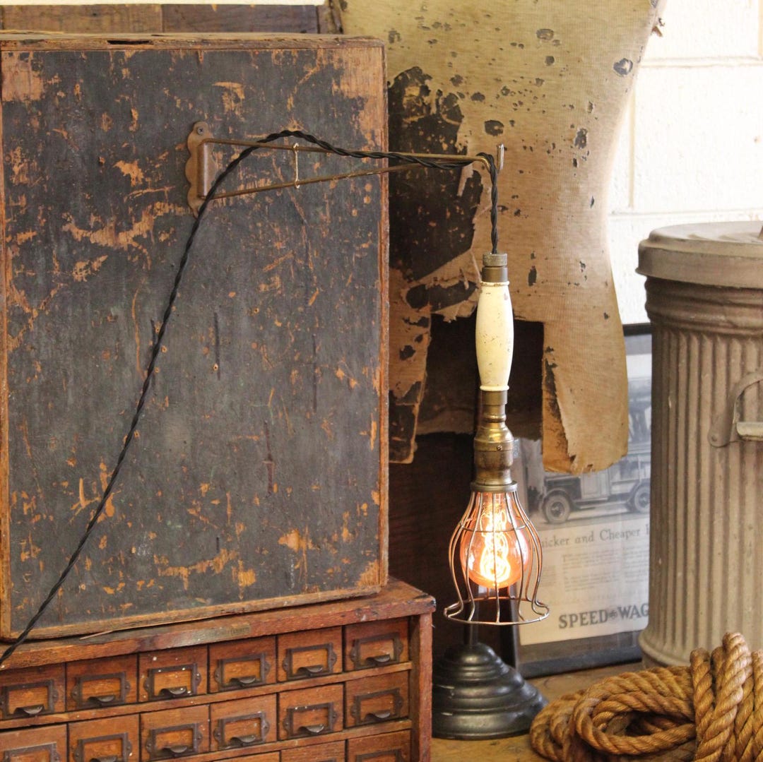 C.1910s Antique Original Industrial Harvey Hubbell Brass/ Wood Swing Out Workshop Hanging ...