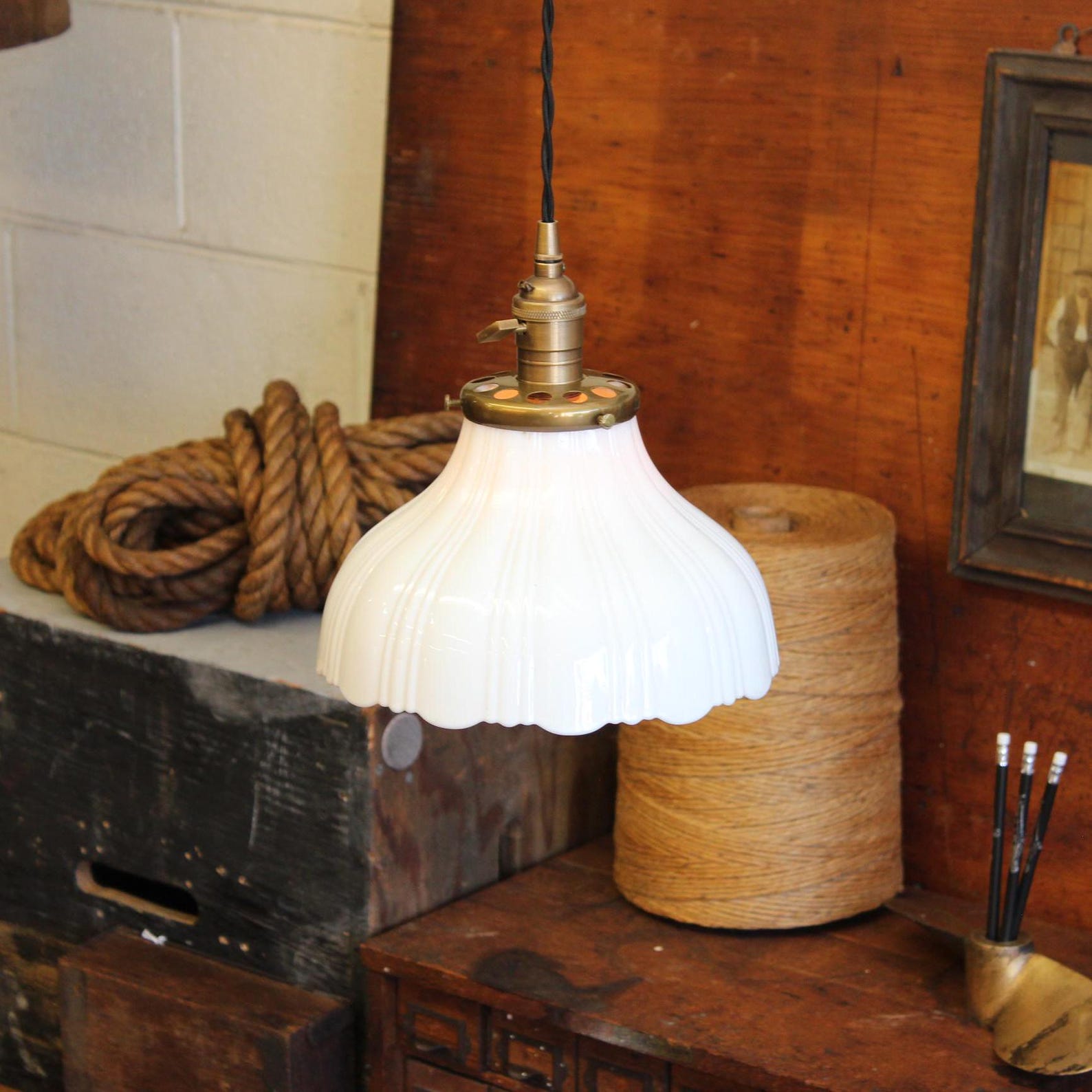Vintage Rustic 9.5 Art Deco White Milk Glass Farmhouse Pendant Light ...