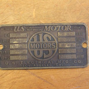 Vintage Industrial Brass U.S. Motors Machinery Tag Plaque Name Plate ...