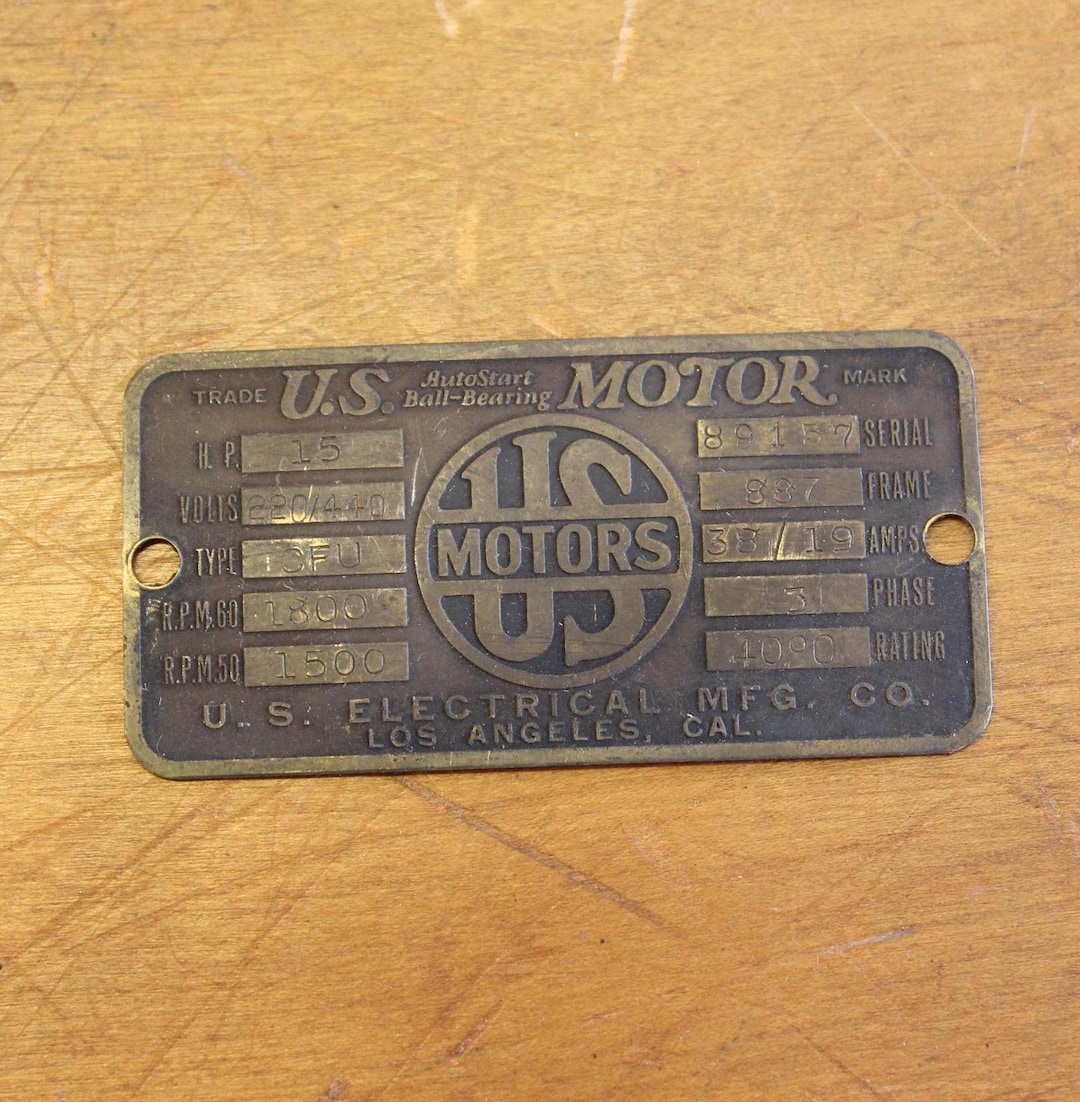Vintage Industrial Brass U.S. Motors Machinery Tag Plaque Name Plate ...